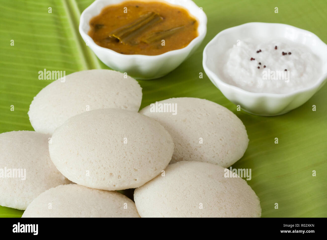 Fresh steamed Indian Idly (Idli / rice cake) arranged on a traditional ...