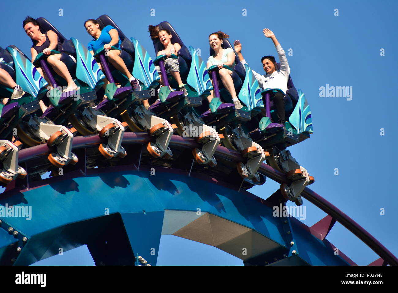 Orlando, Florida. October 19, 2018 Excited and scared people riding ...