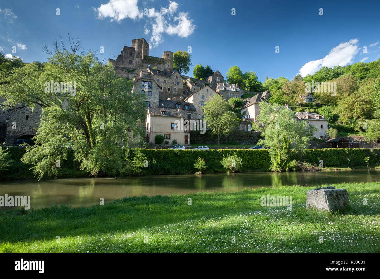 Chateau Belcastel and village with the famouse arched bridge and river ...