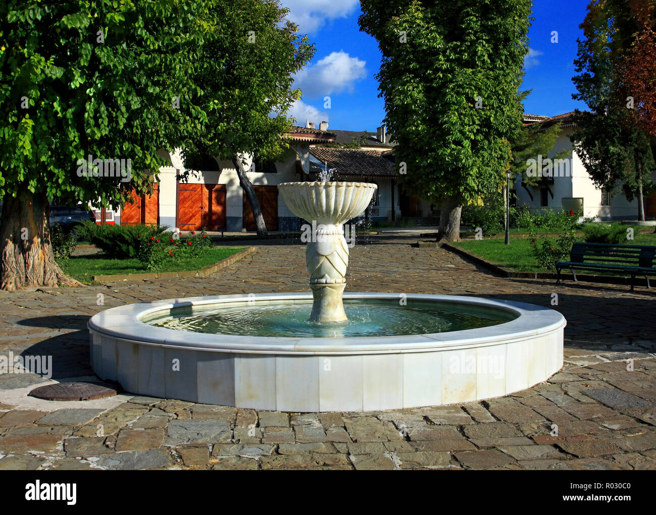 Cup-shaped fountain at a high pedestal which is stylized in the form of ...
