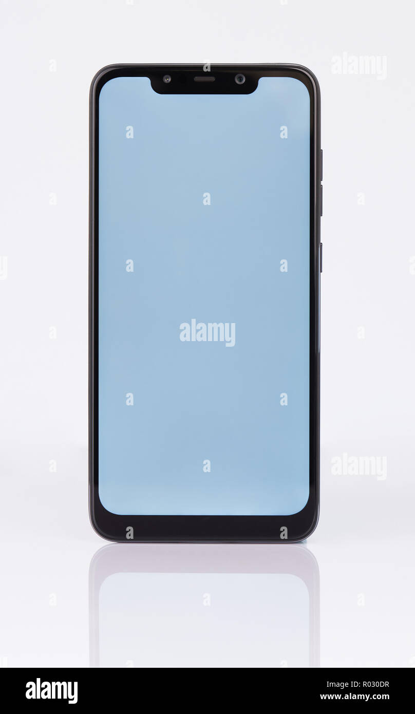 Front frame of smartphone with notch isolated on white studio ...
