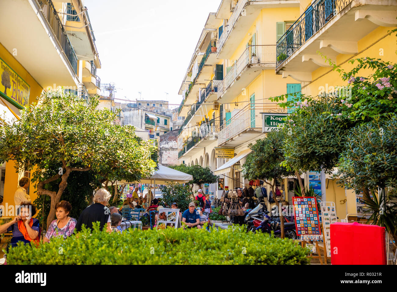 Corfu, Greece - 16.10.2018: View of typical narrow street of an old ...
