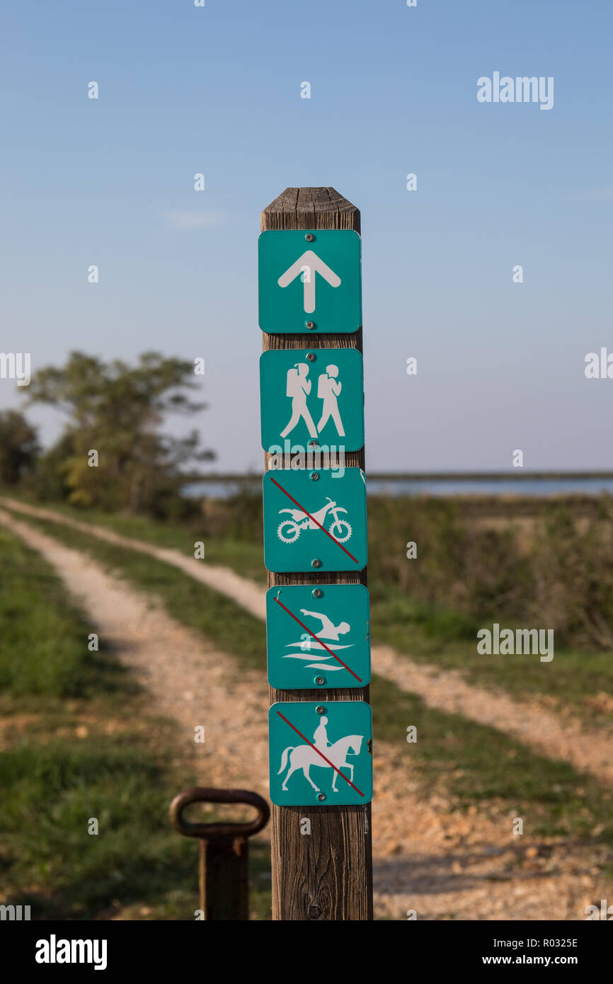 Forbidden activities signpost in the Secovlje Salina Nature Park ...