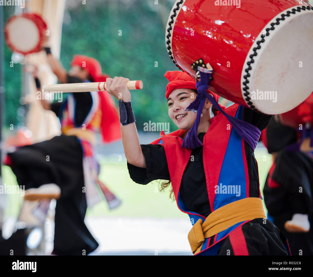 Okinawa / Japan - October 9, 2018: Eisa dancer and drummer at Okinawa ...