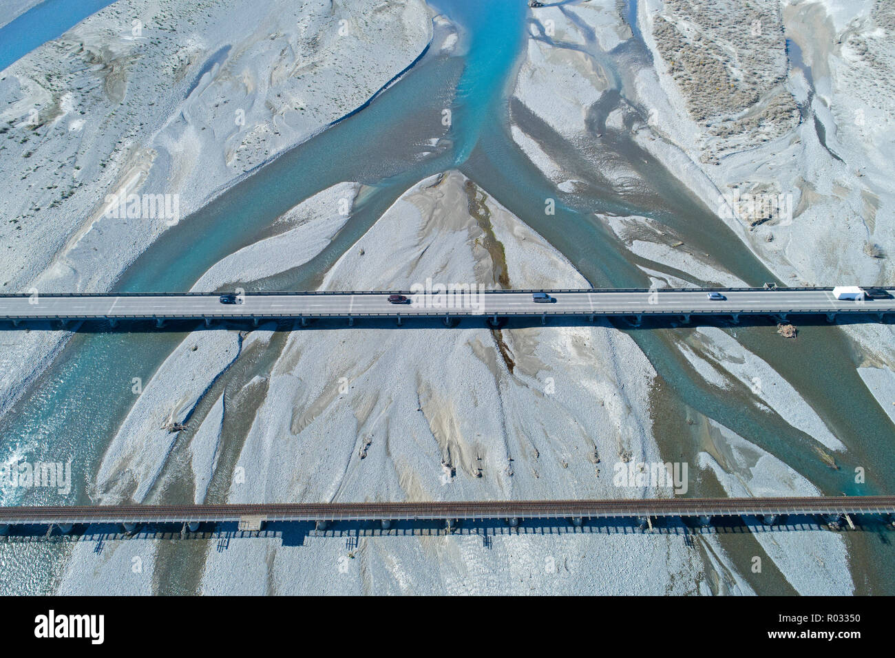 Road and rail bridges across Rakaia River, Rakaia, Mid Canterbury ...