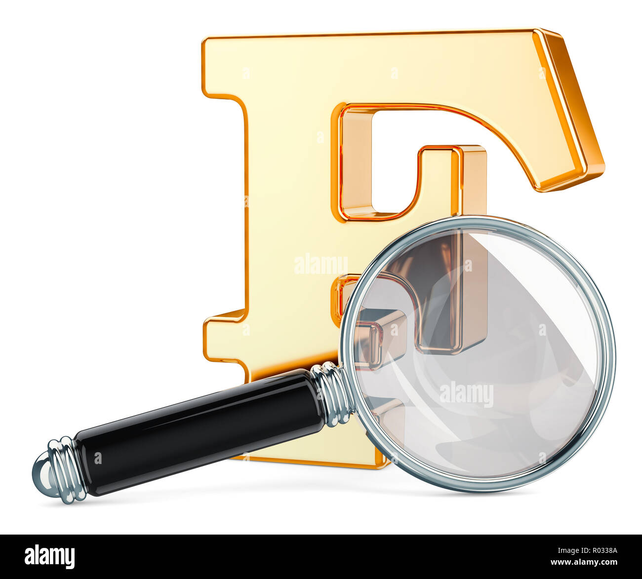 Franc symbol with magnifying glass, financial analysis concept, 3D ...