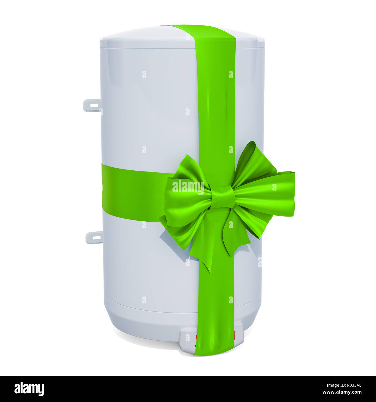Tank electric water heater or boiler with green ribbon and bow. 3D ...