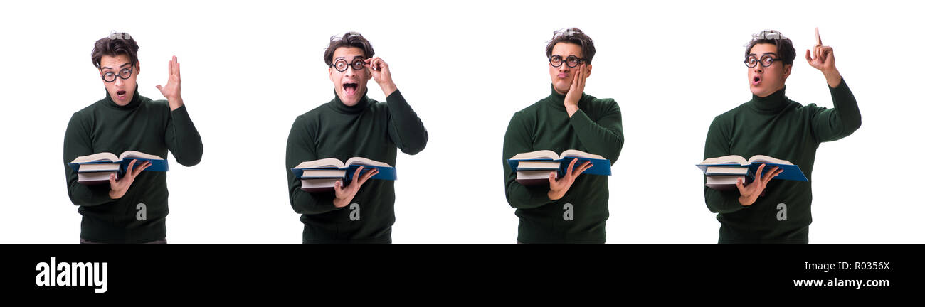 Nerd young student with books isolated on white Stock Photo - Alamy