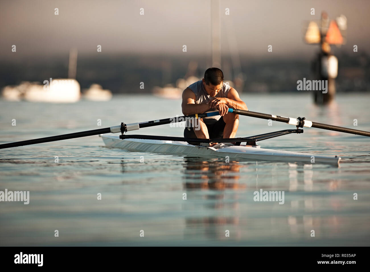 Mid-adult man sea rowing Stock Photo - Alamy