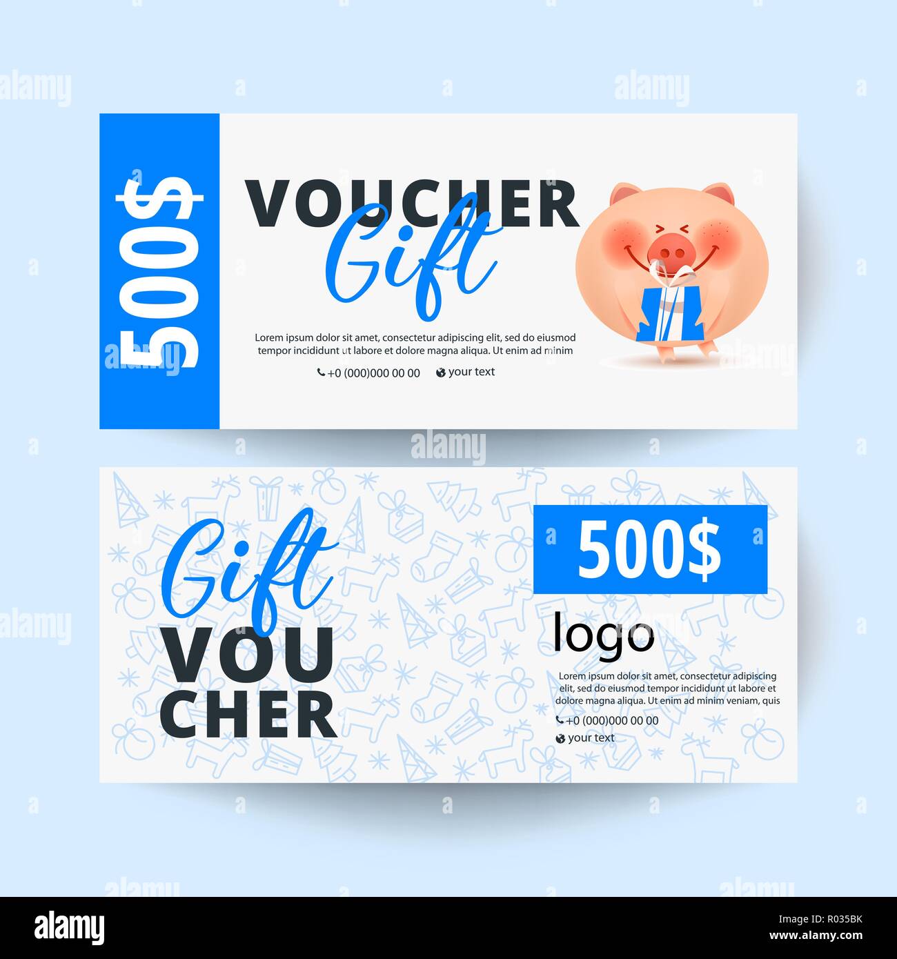 Gift voucher template with pig and a gift box. 500 dollars Stock Vector ...