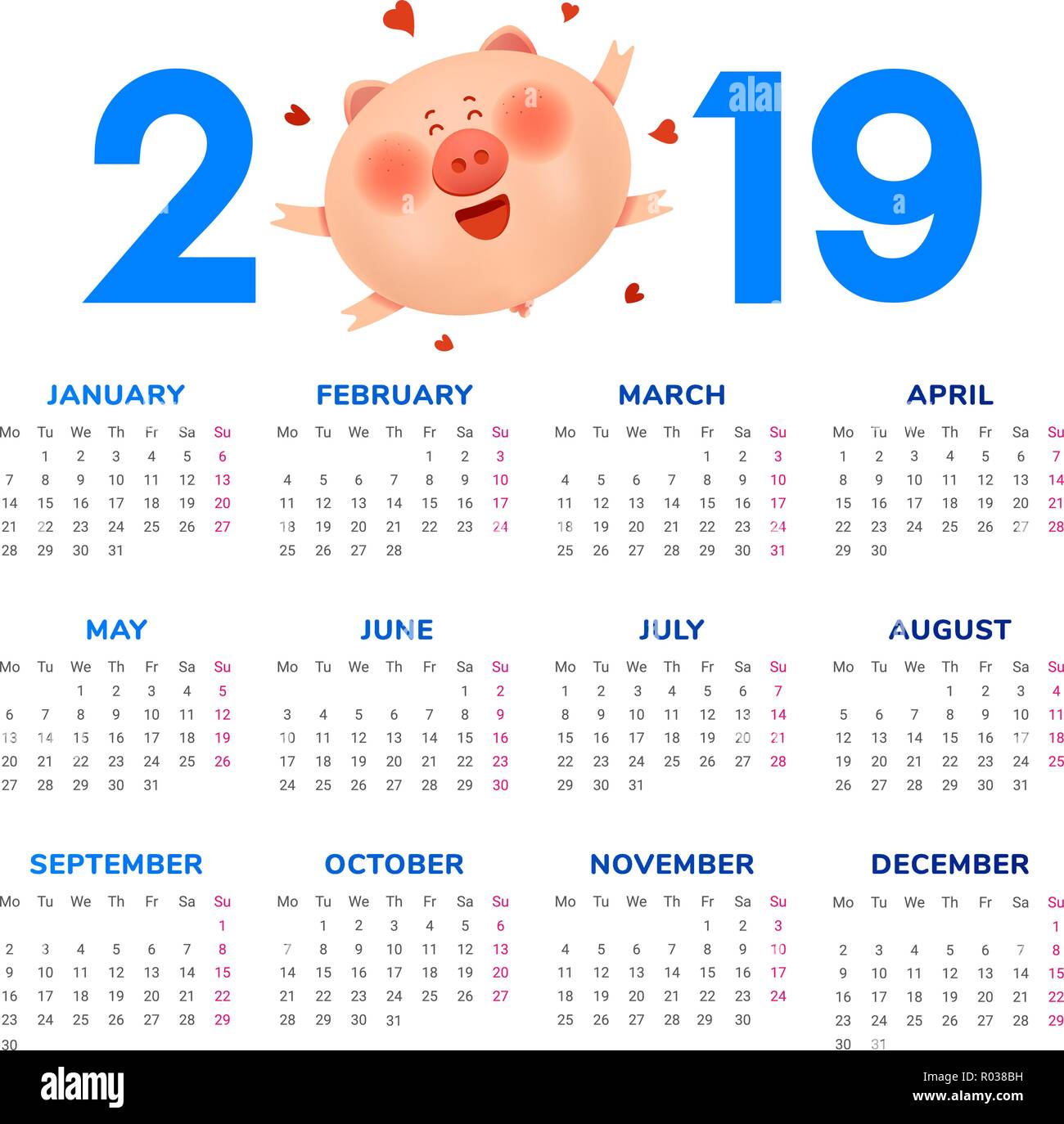 Calendar for 2019. Colored numbers with a jolly fat pig and hearts ...