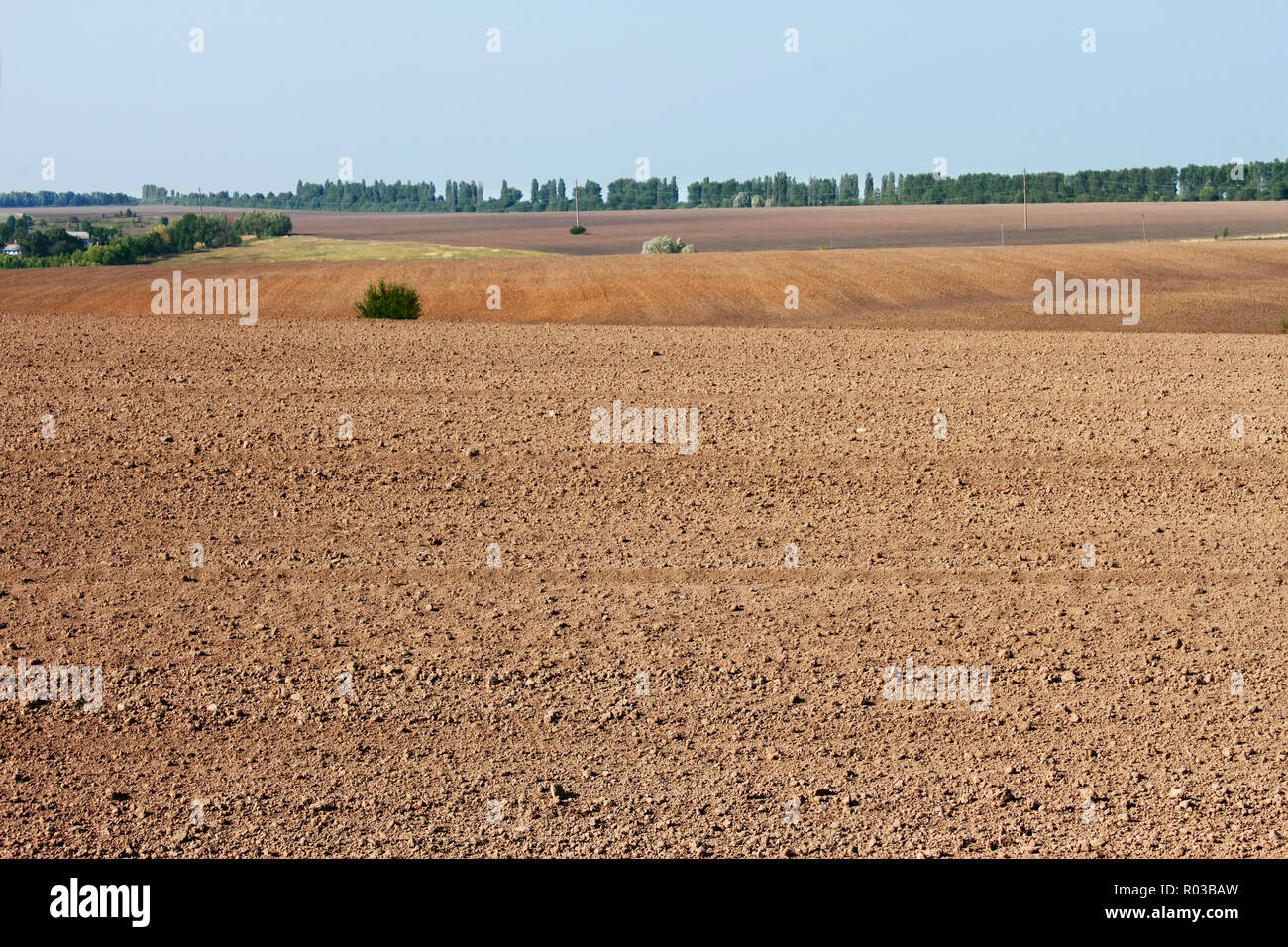 Rural landscape. Field near the village. Late summer or early autumn ...