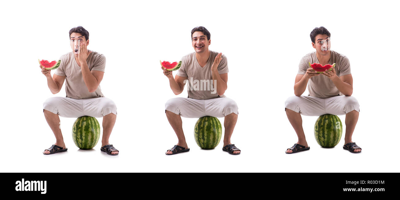 Young man with watermelon isolated on white Stock Photo - Alamy
