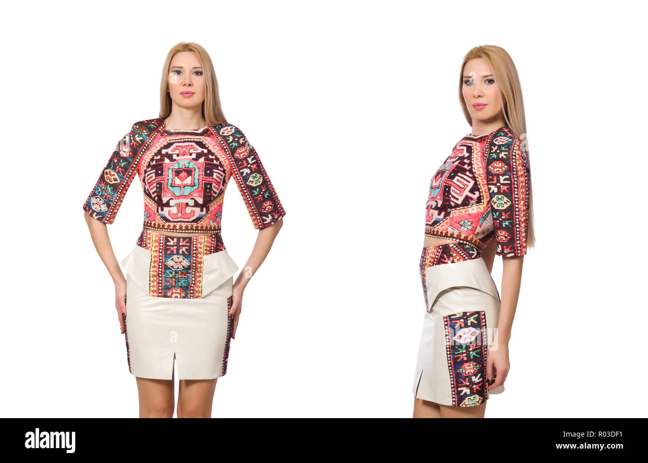 Pretty model in clothes with carpet prints isolated on white Stock ...
