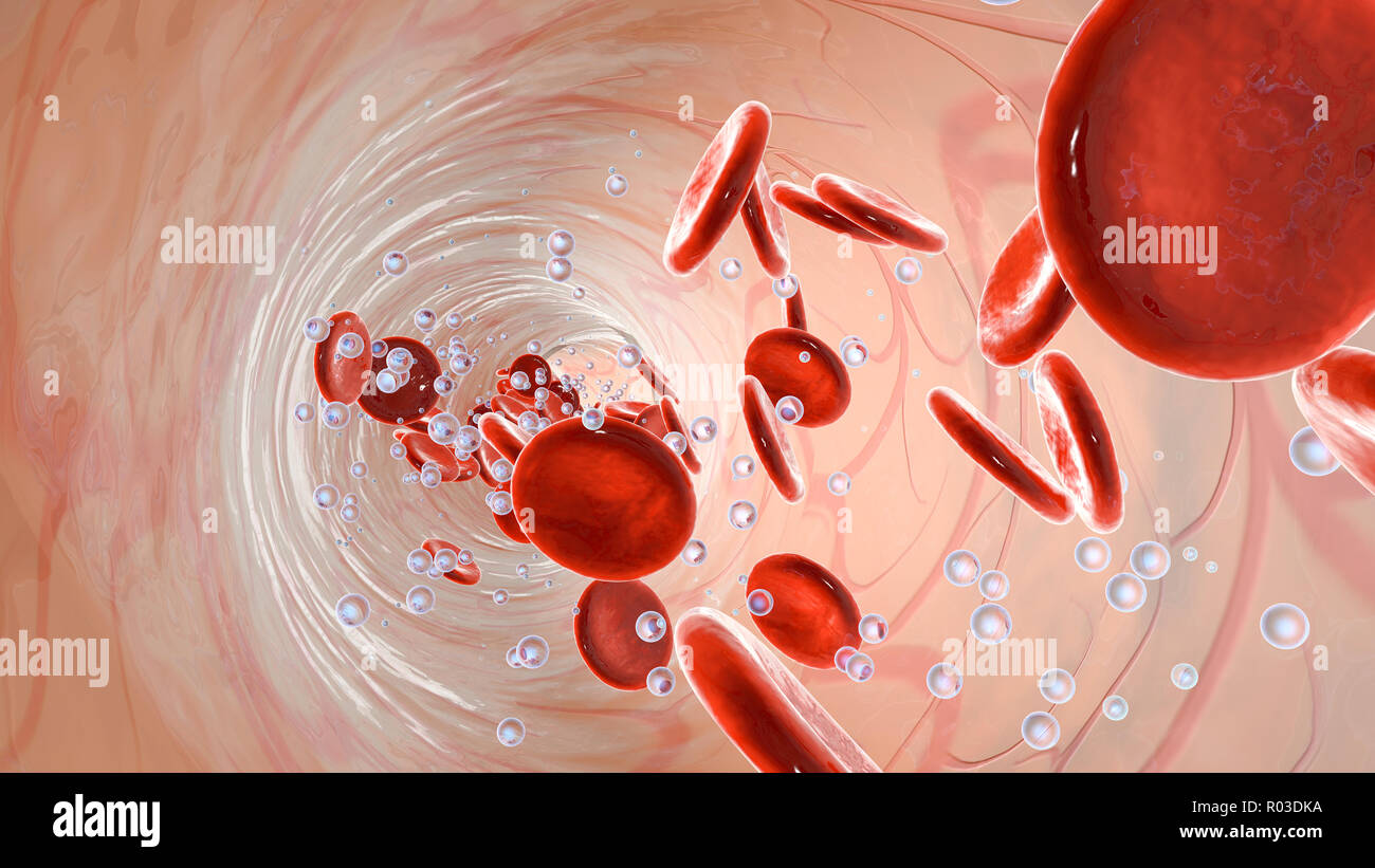 Oxygen molecules and Erythrocytes floating in a vessel in the blood ...