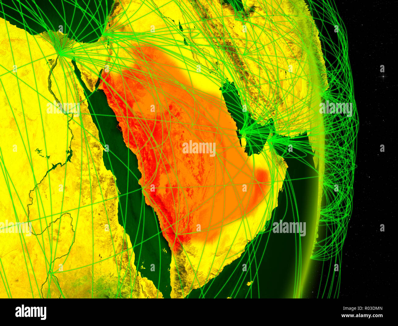 Saudi Arabia on digital planet Earth with network. Concept of ...