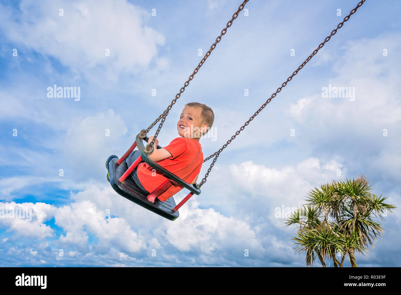 Little caucasian boy having fun on a sling om a playground Stock Photo ...