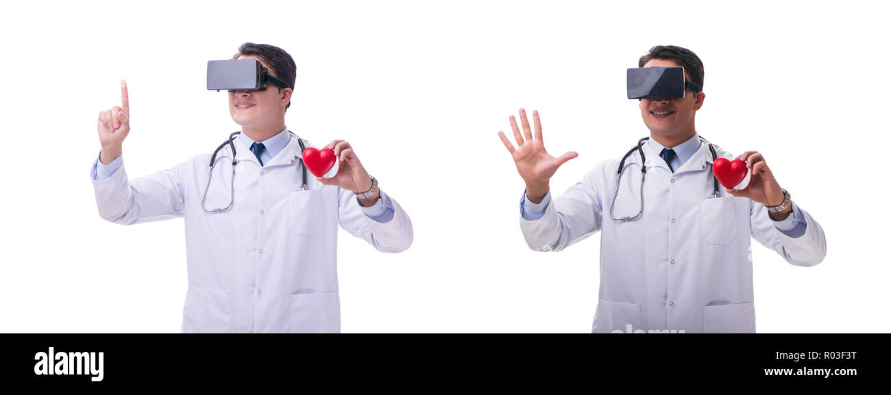 Doctor wearing a vr virtual reality headset isolated on white ...