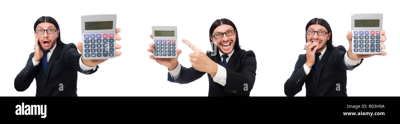 Man with calculator isolated on white Stock Photo - Alamy