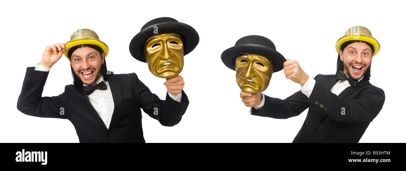 Man with theater mask isolated on white Stock Photo - Alamy