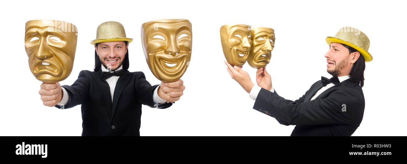 Man with theater mask isolated on white Stock Photo - Alamy