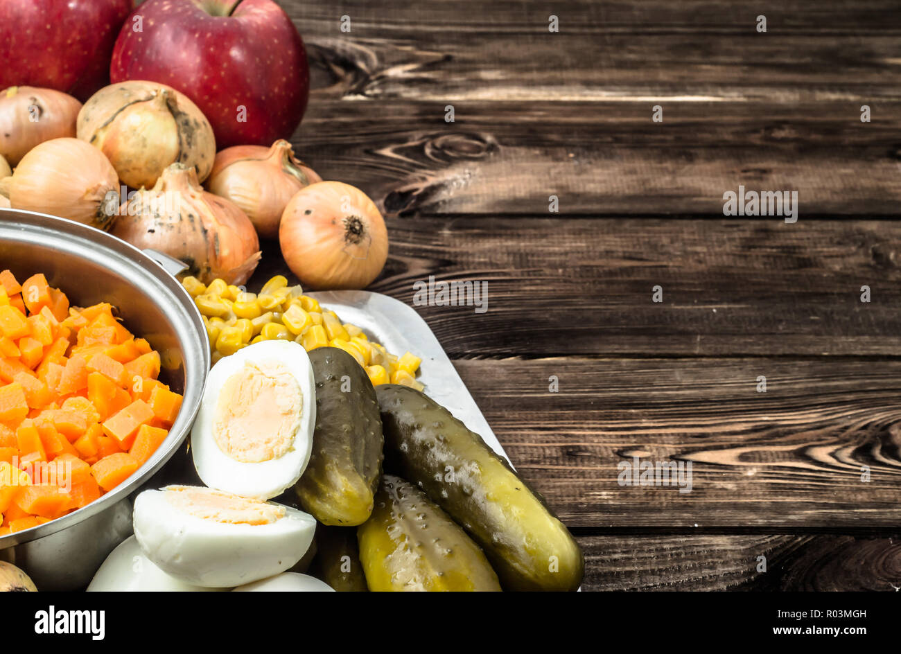 Ingredients of vegetable salad, cooking recipe, traditional polish ...