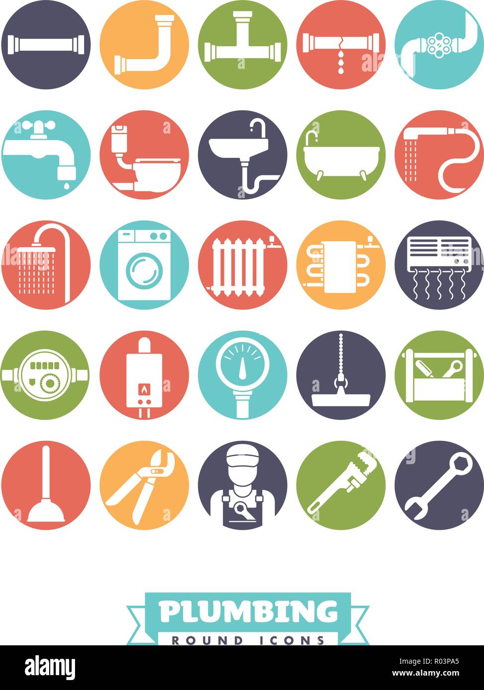 Plumbing and sanitary facilities vector round color icon collection ...