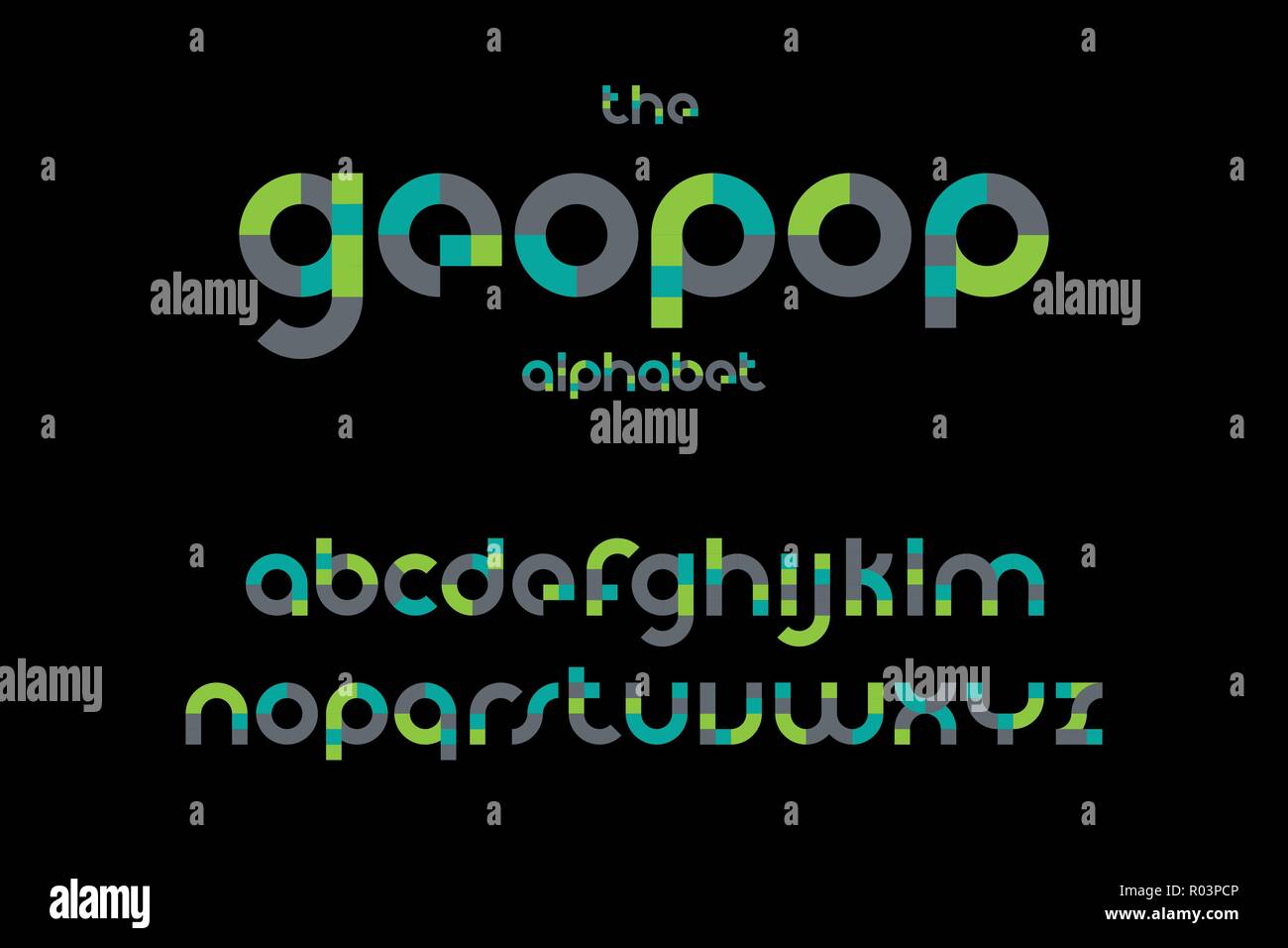 Vector of modern, geometric, bold graphic font with three colors. Each ...