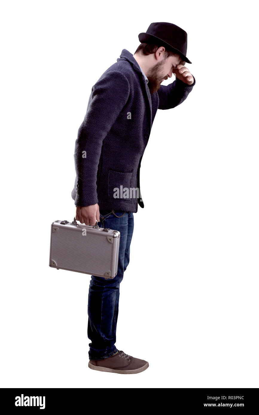bearded man in a jacket with a hat with a case in his hand isolated on ...