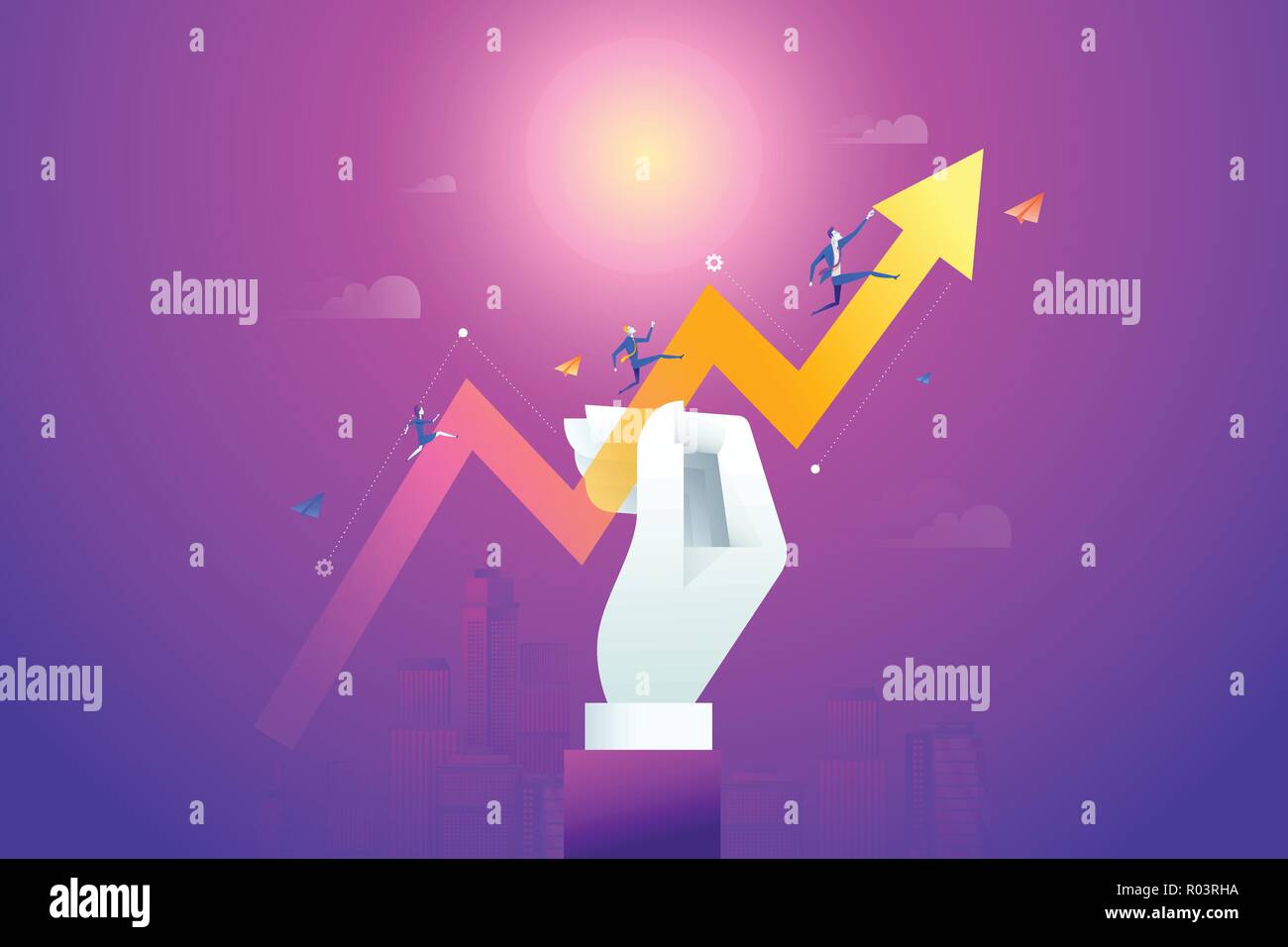 Business team running on drawn data graph. Vector illustration business ...