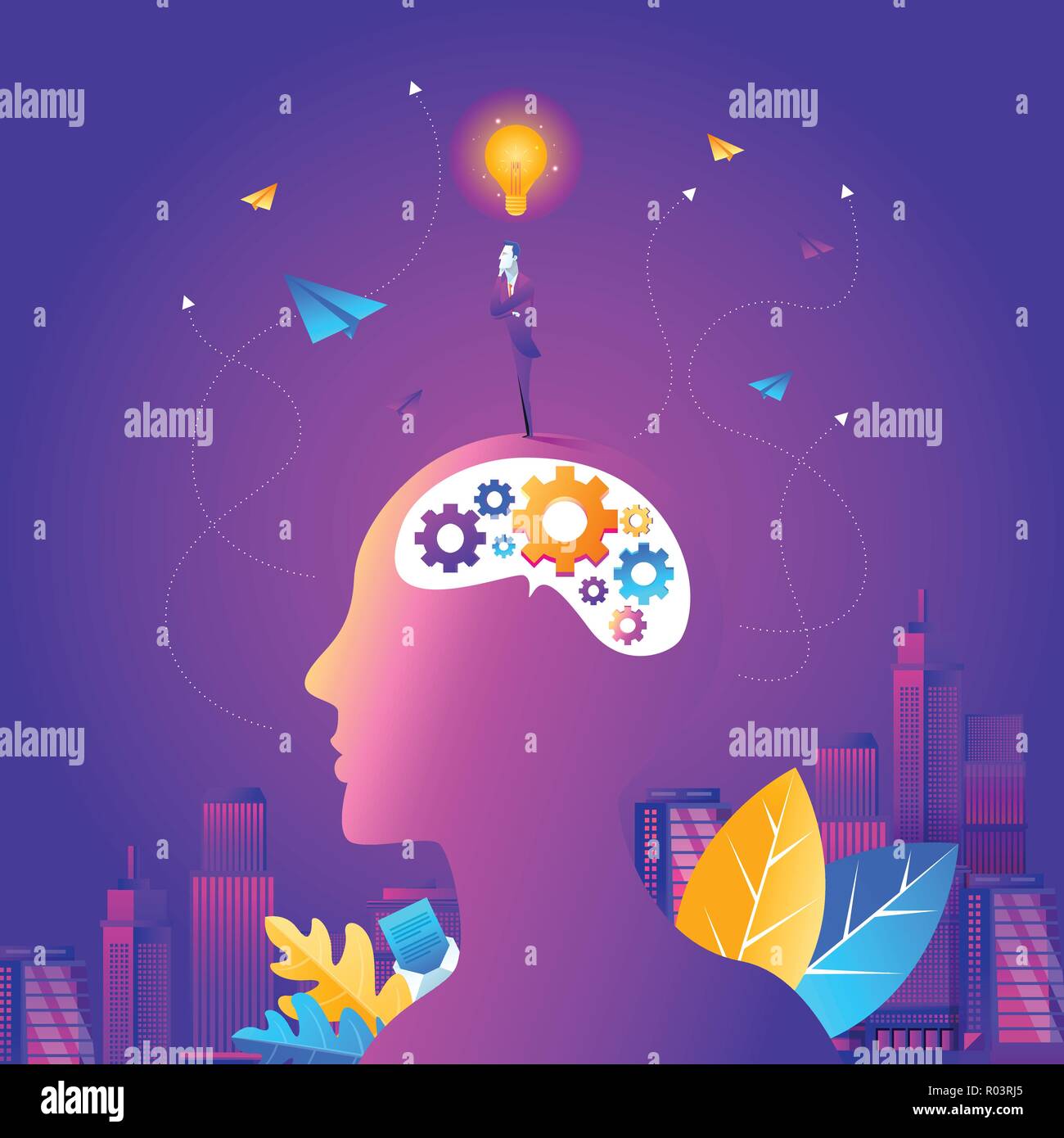 silhouette of the head, brain, and pulses. process of human thinking ...