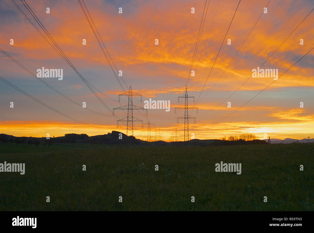 220 kilovolt and 380 kilovolt Electric Power Pylons at Dawn - 6 phases ...