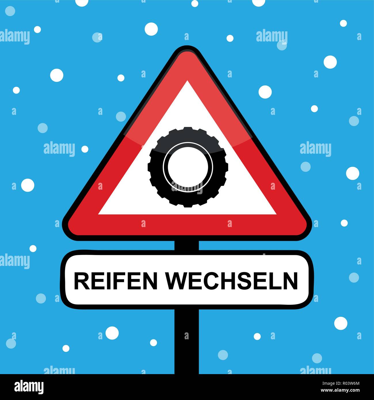 winter car tire in a triangle road sign with change tires typography ...