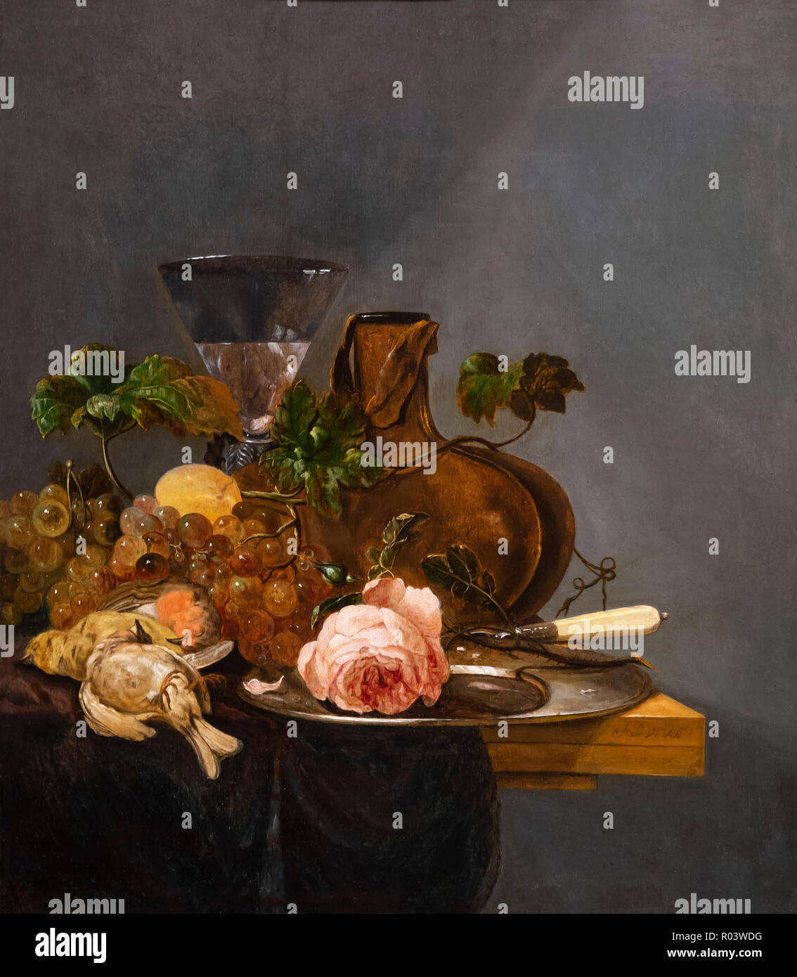 Still Life with Grapes, Dead Birds and Wine Glass on a Wooden Table, de ...
