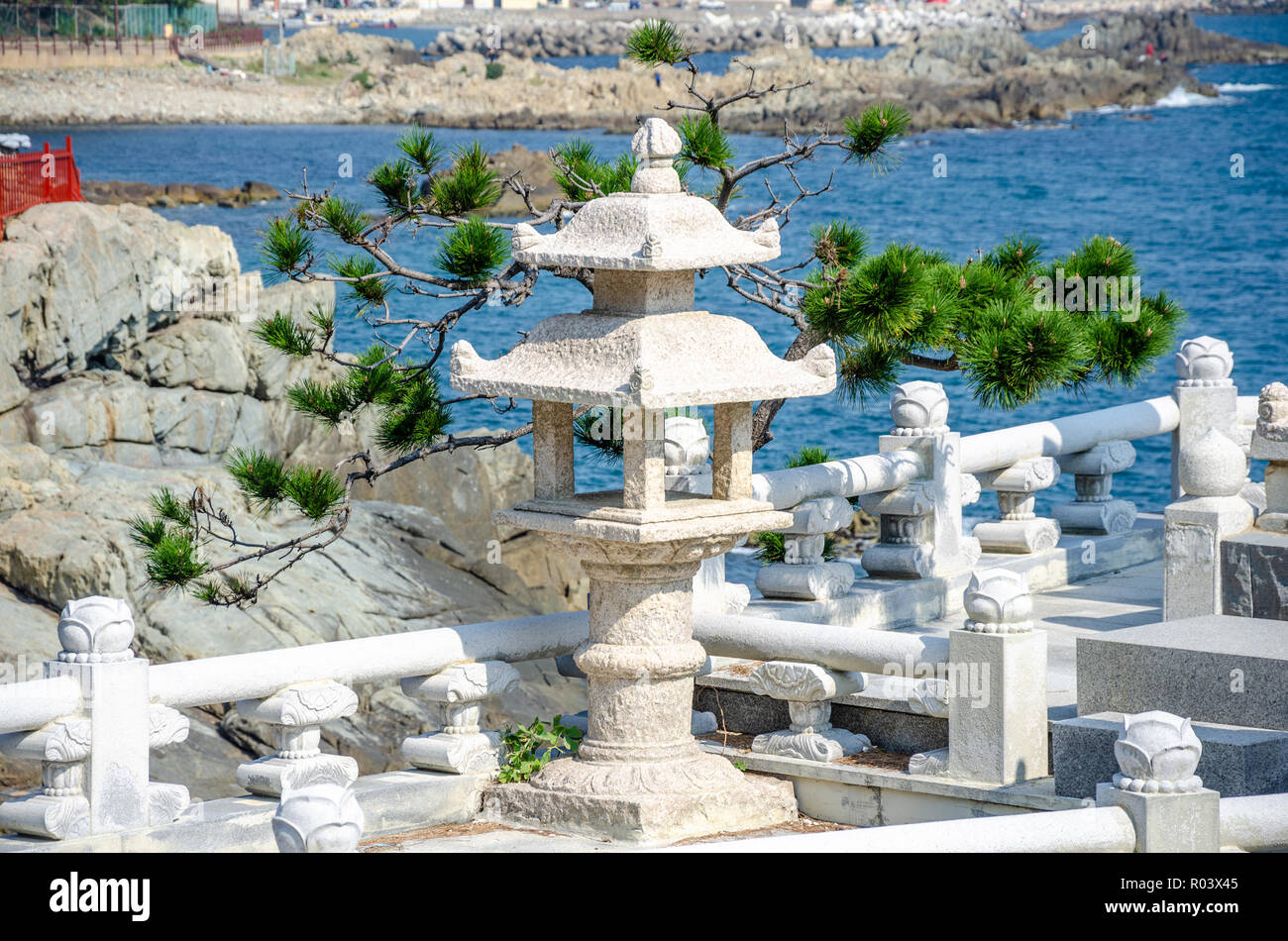 A decorative, ornamental, white stone dovecot at Haedong Yonggungsa ...