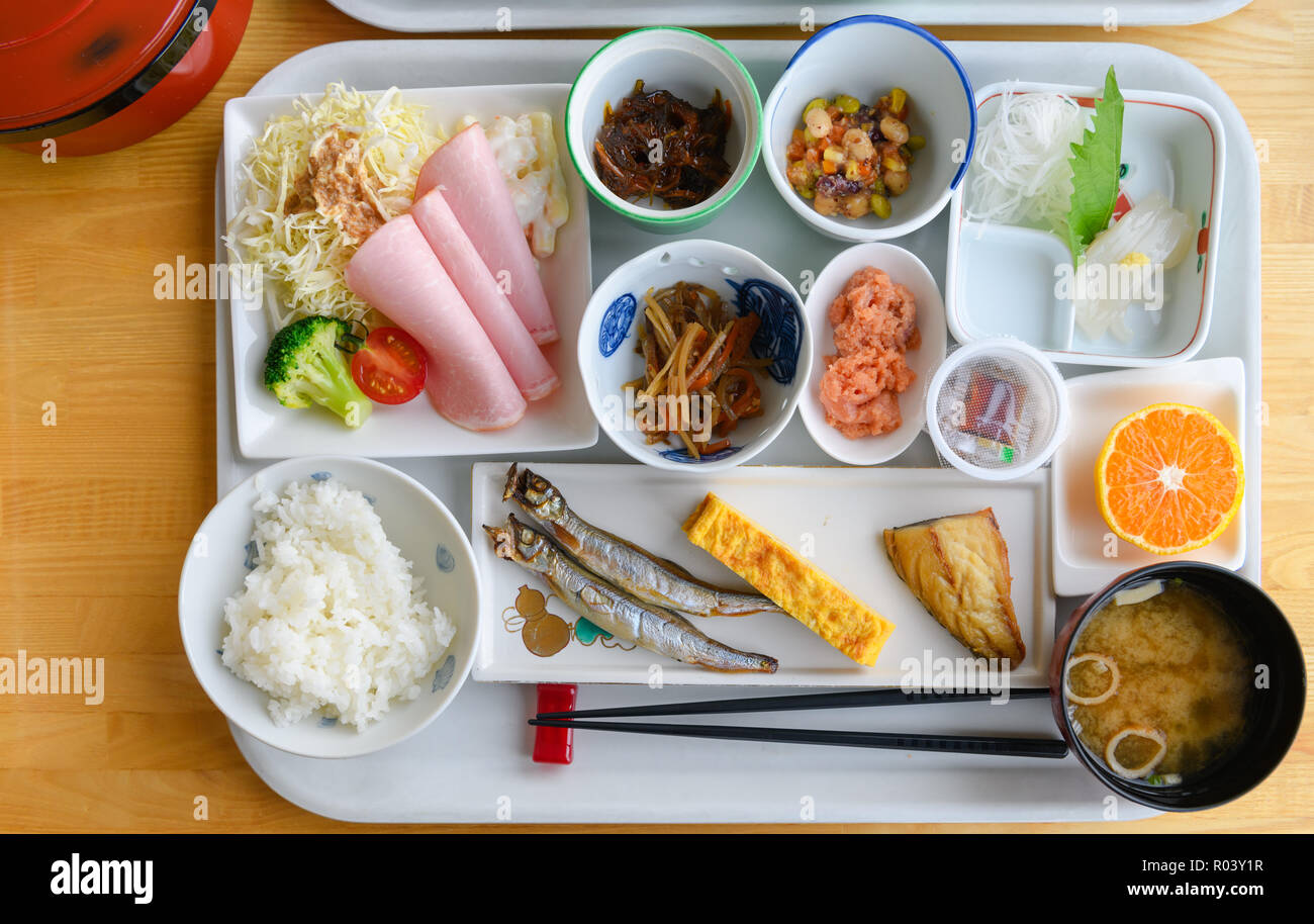 Typical Japanese breakfast set on wood table, top view Stock Photo - Alamy