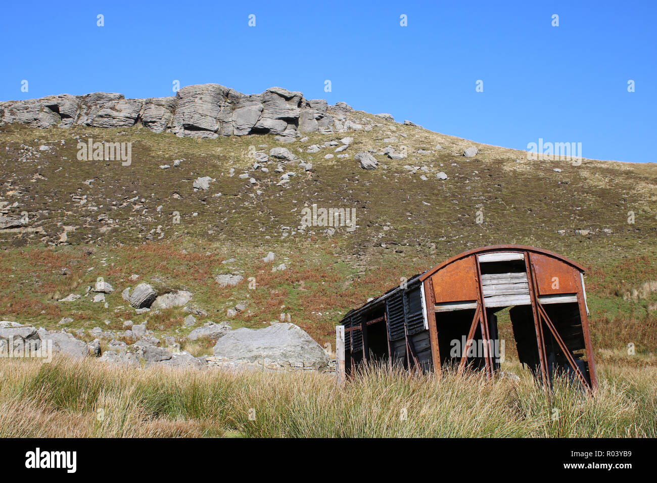 Old railway wagon on hillside on Birkdale Common at the top of ...