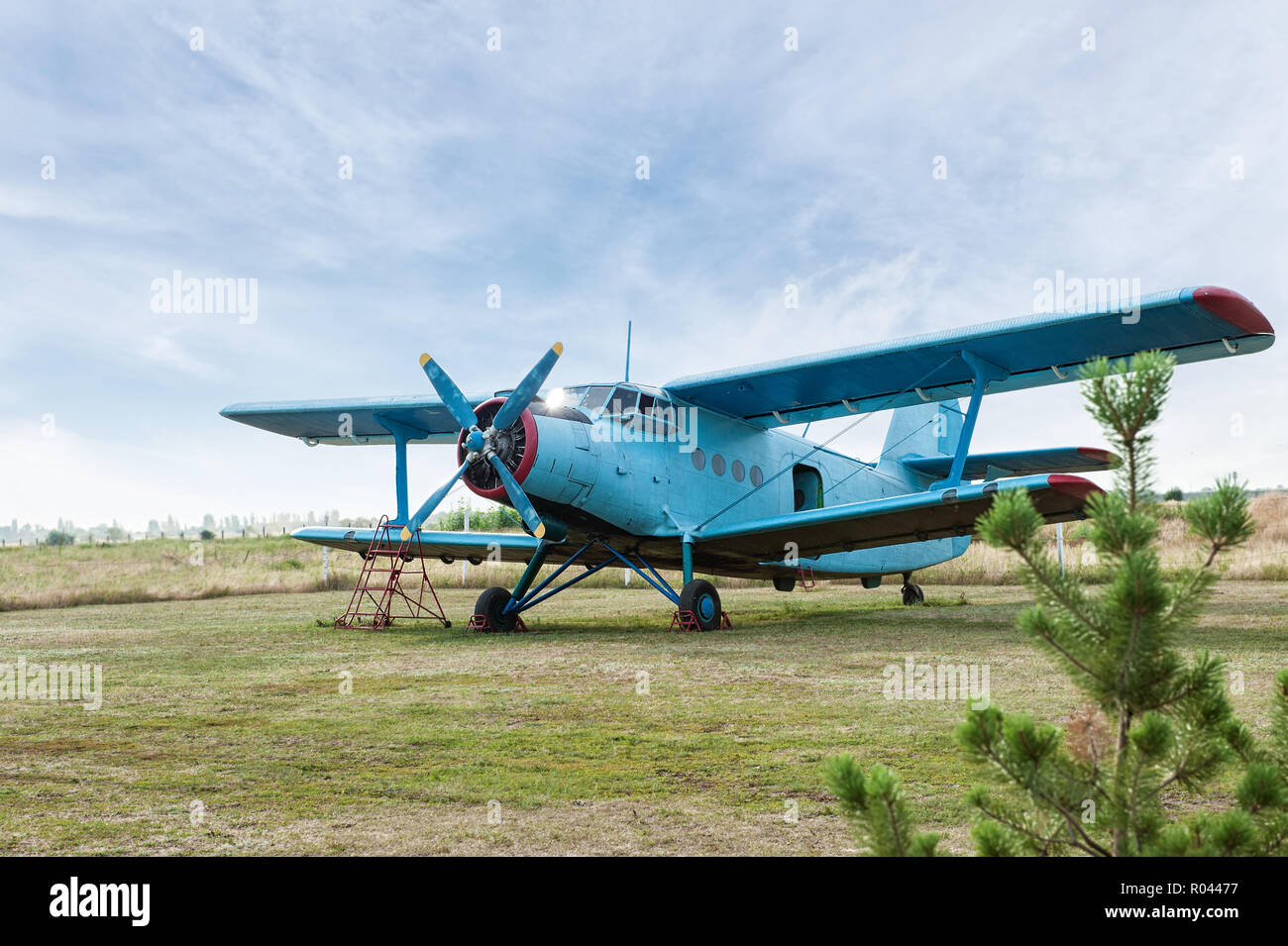 Small green airplane. Propeller close up photo Stock Photo - Alamy