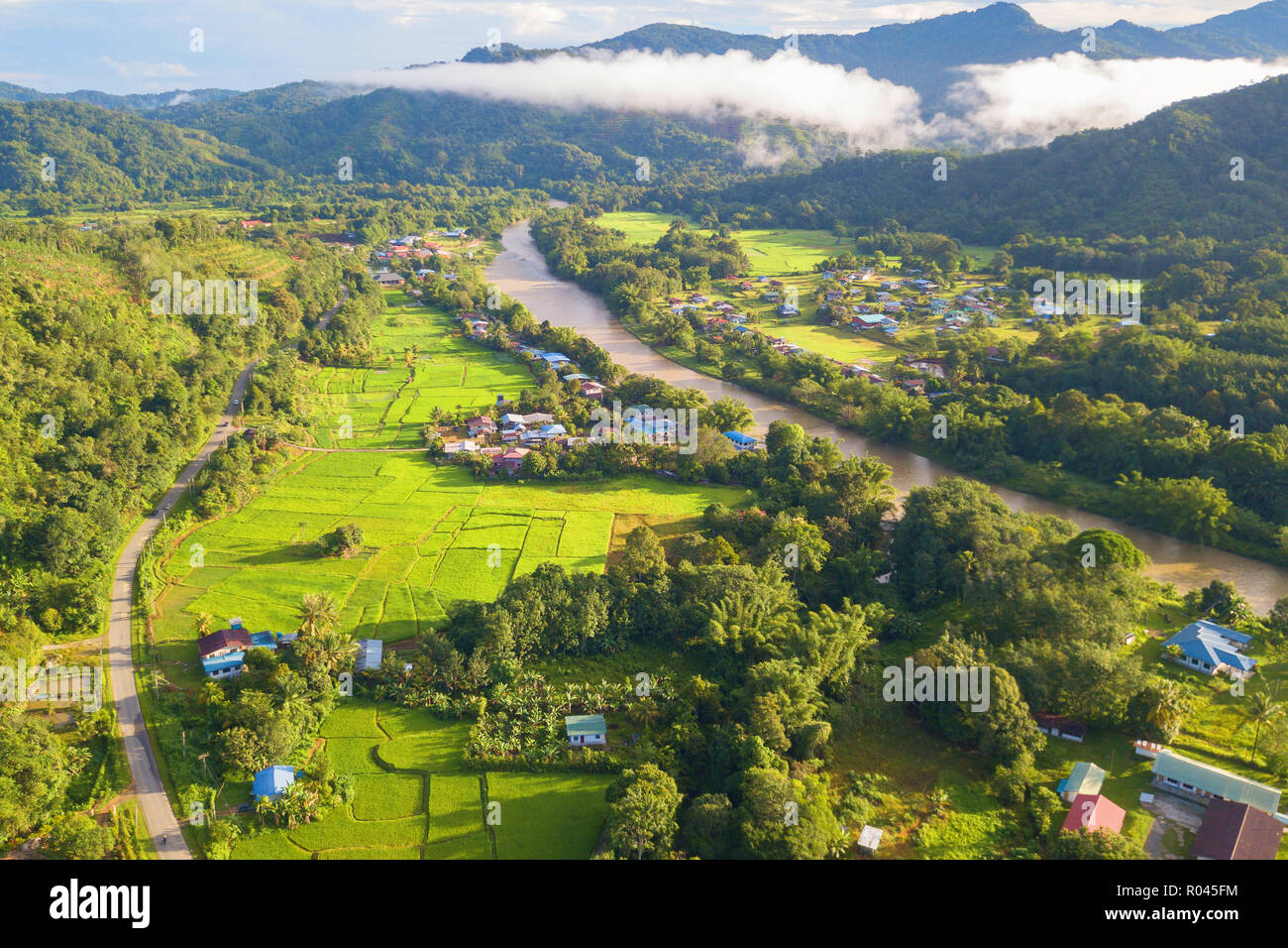 Morning landscape of village with river and green paddy field at Kiulu ...