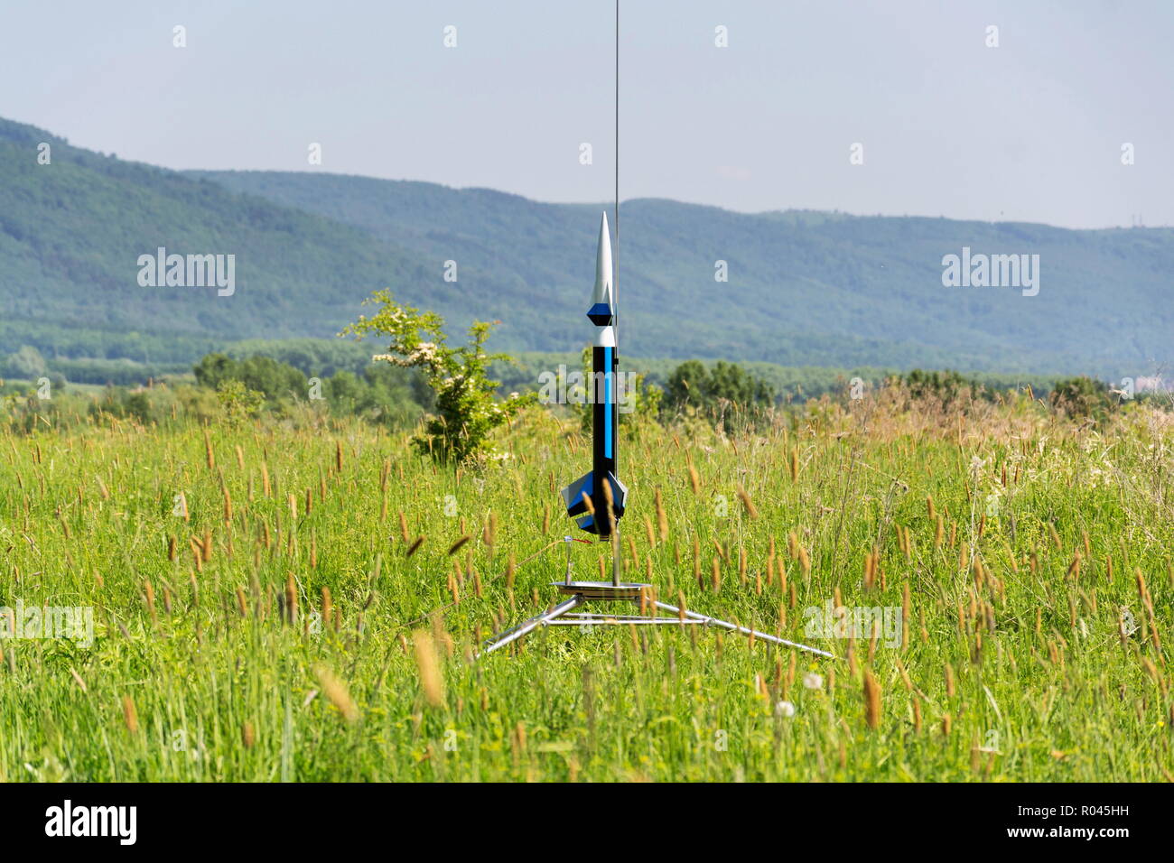 Rocket model prepare for takeoff launch, summer sunny day Stock Photo ...