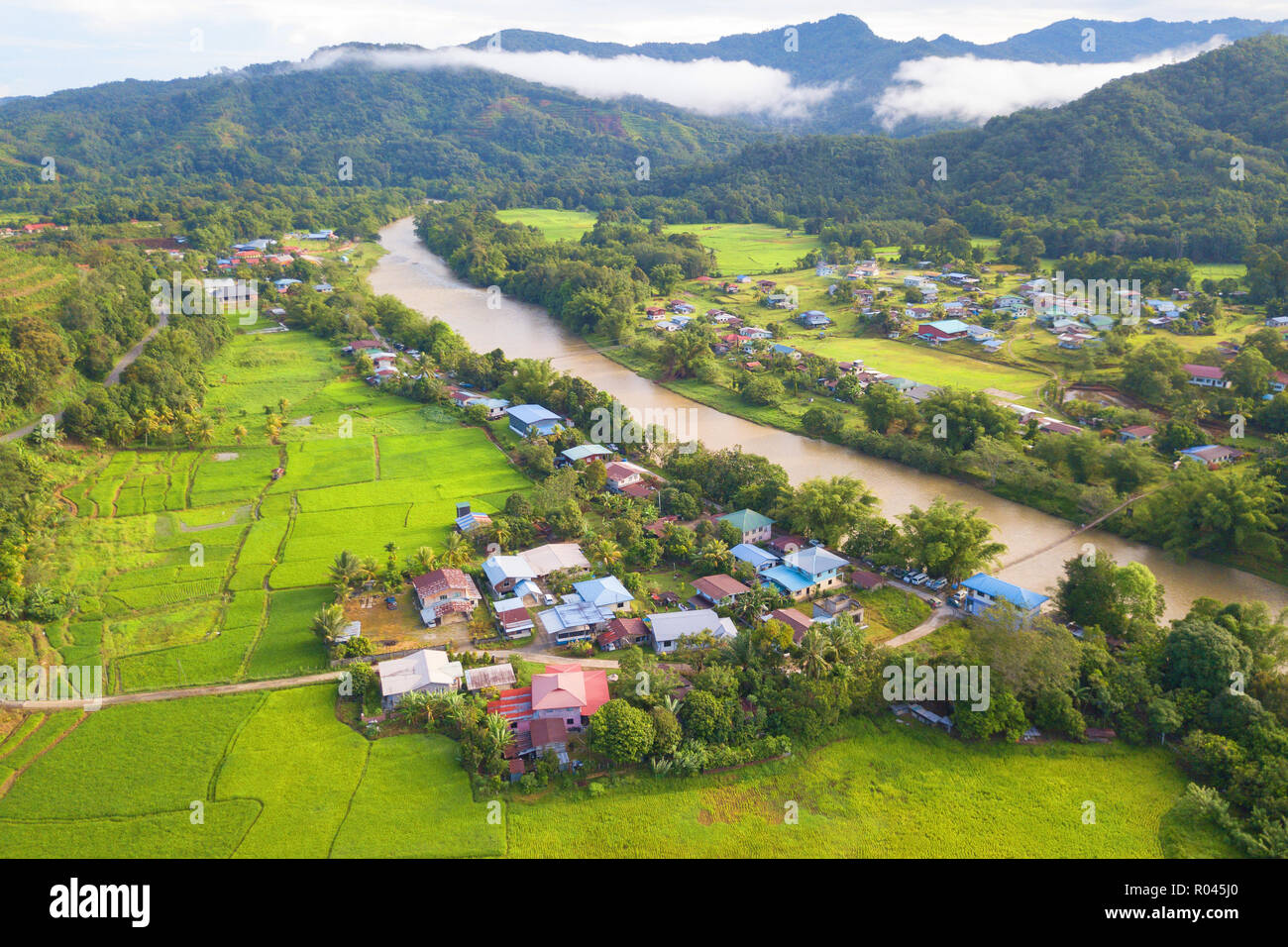 Morning landscape of village with river and green paddy field at Kiulu ...