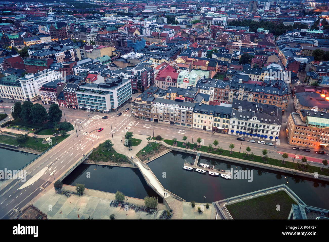Aerial panorama of Malmo at evening. Malmo, Scania, Sweden Stock Photo ...