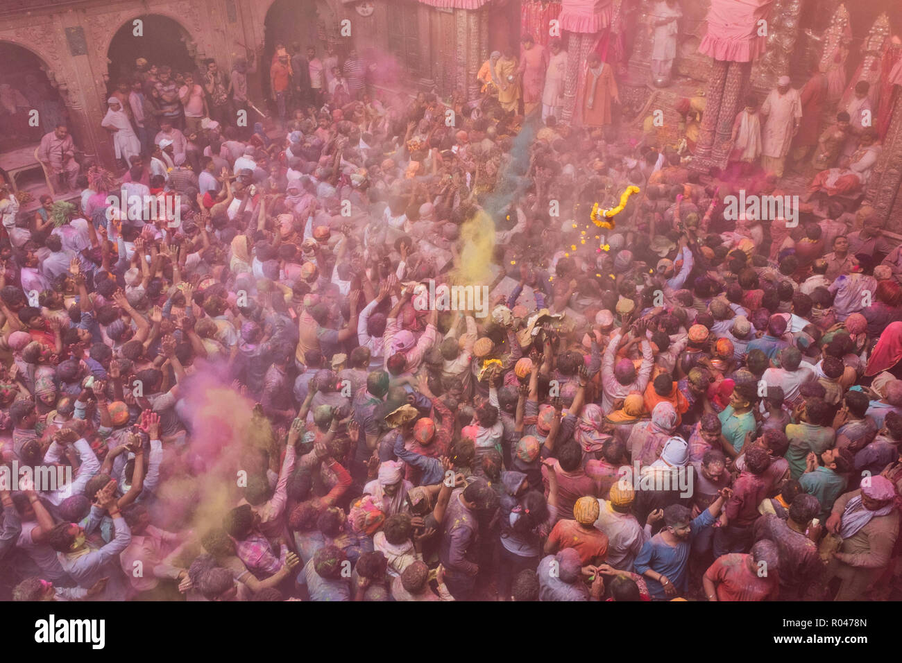 Holi Festival 2018 celebration in Banke Bihari Temple, Vrindavan, India ...