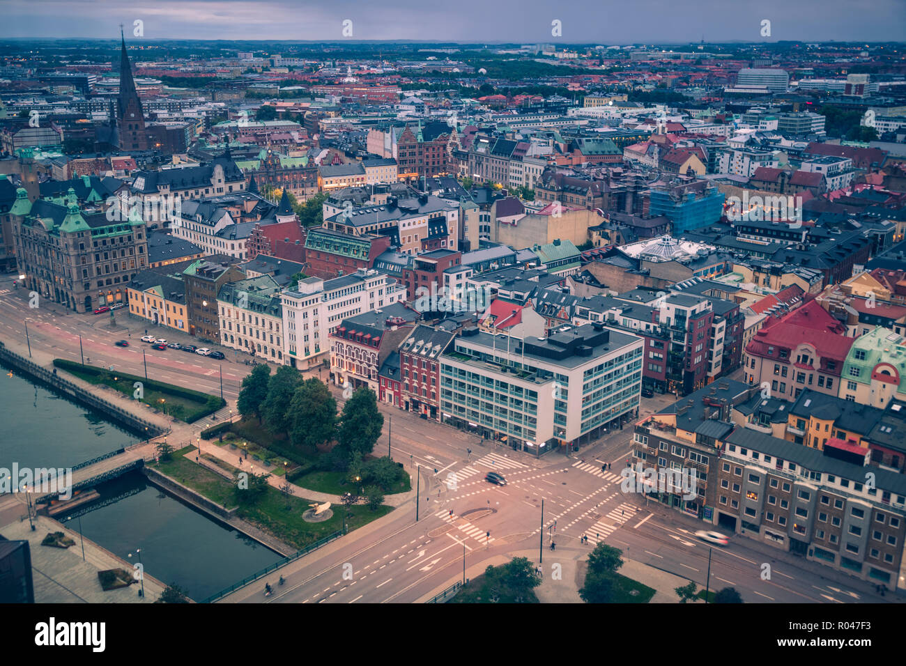 Aerial panorama of Malmo at dusk. Malmo, Scania, Sweden Stock Photo - Alamy