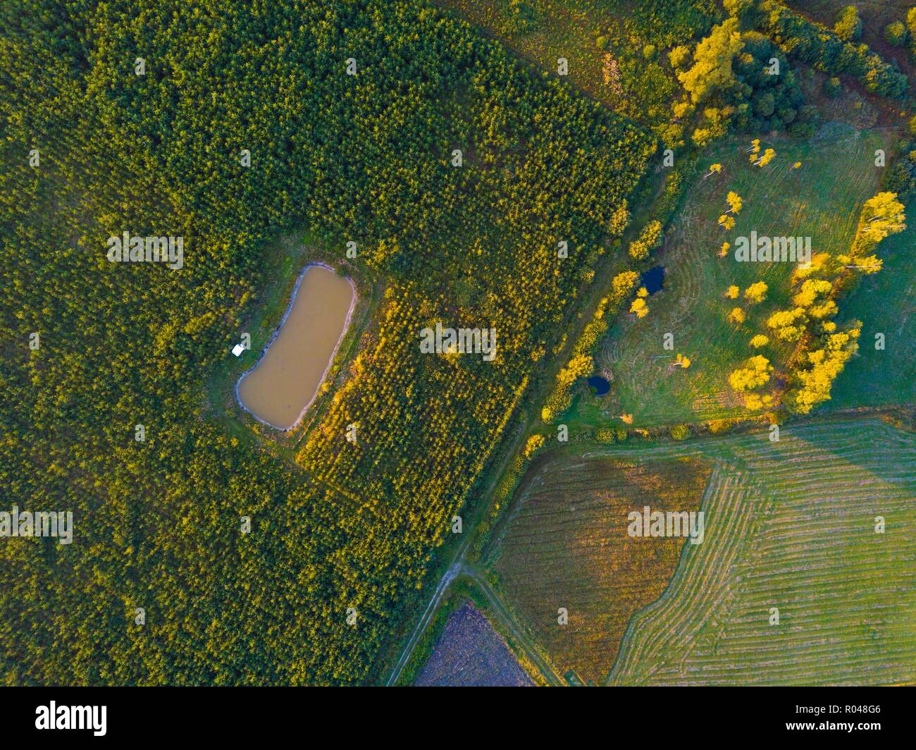 Small pond and camping on fields. Top down drone landscape Stock Photo ...