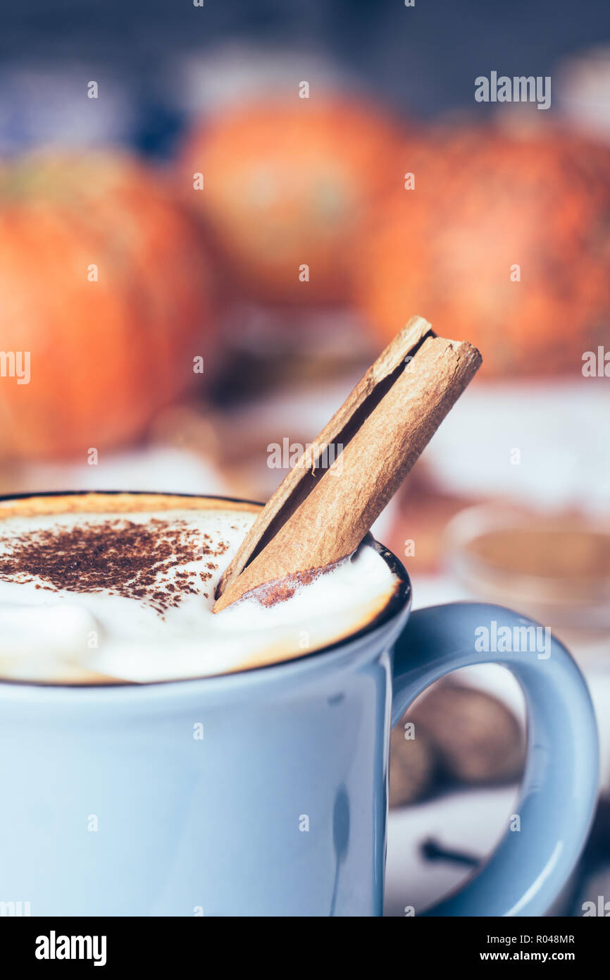 Pumpkin spice latte or coffee with cinnamon and nutmeg. Autumn, fall or ...