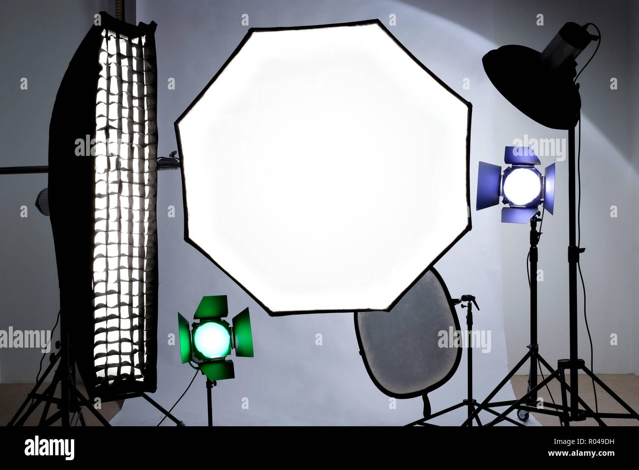 Studio equipment tools. Reflector, soft box, octobox for shooting Stock ...