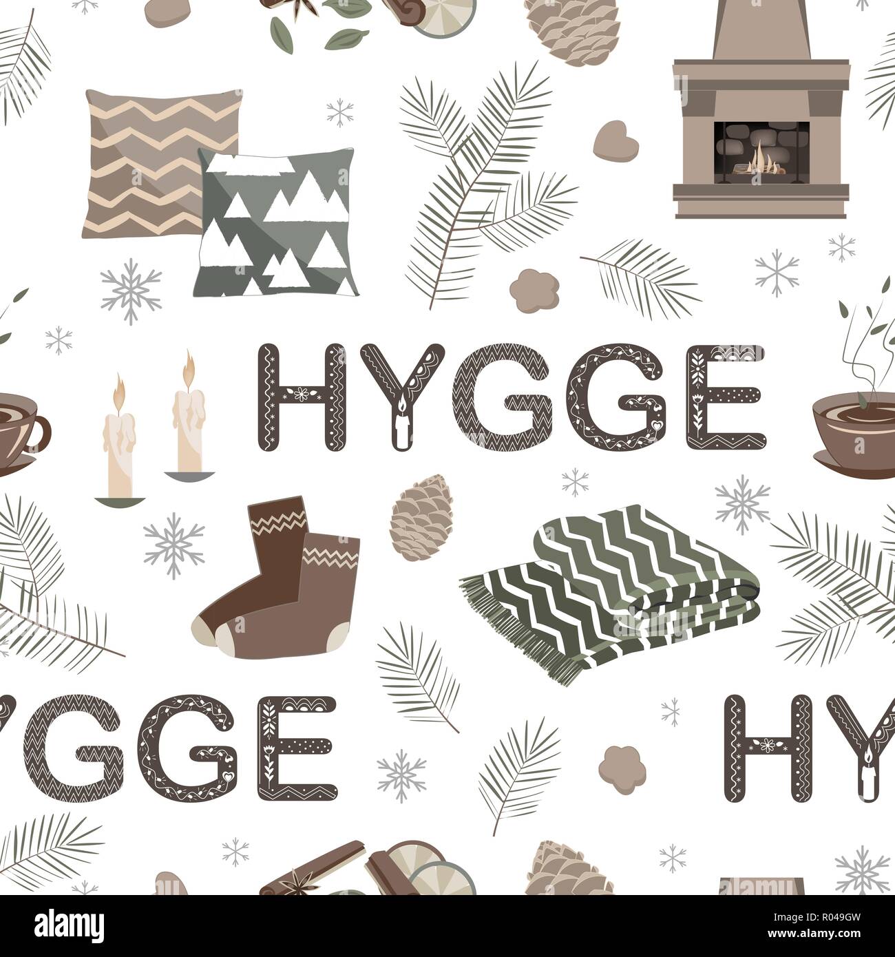 Vector seamless pattern with hygge lettering and cozy things Stock ...