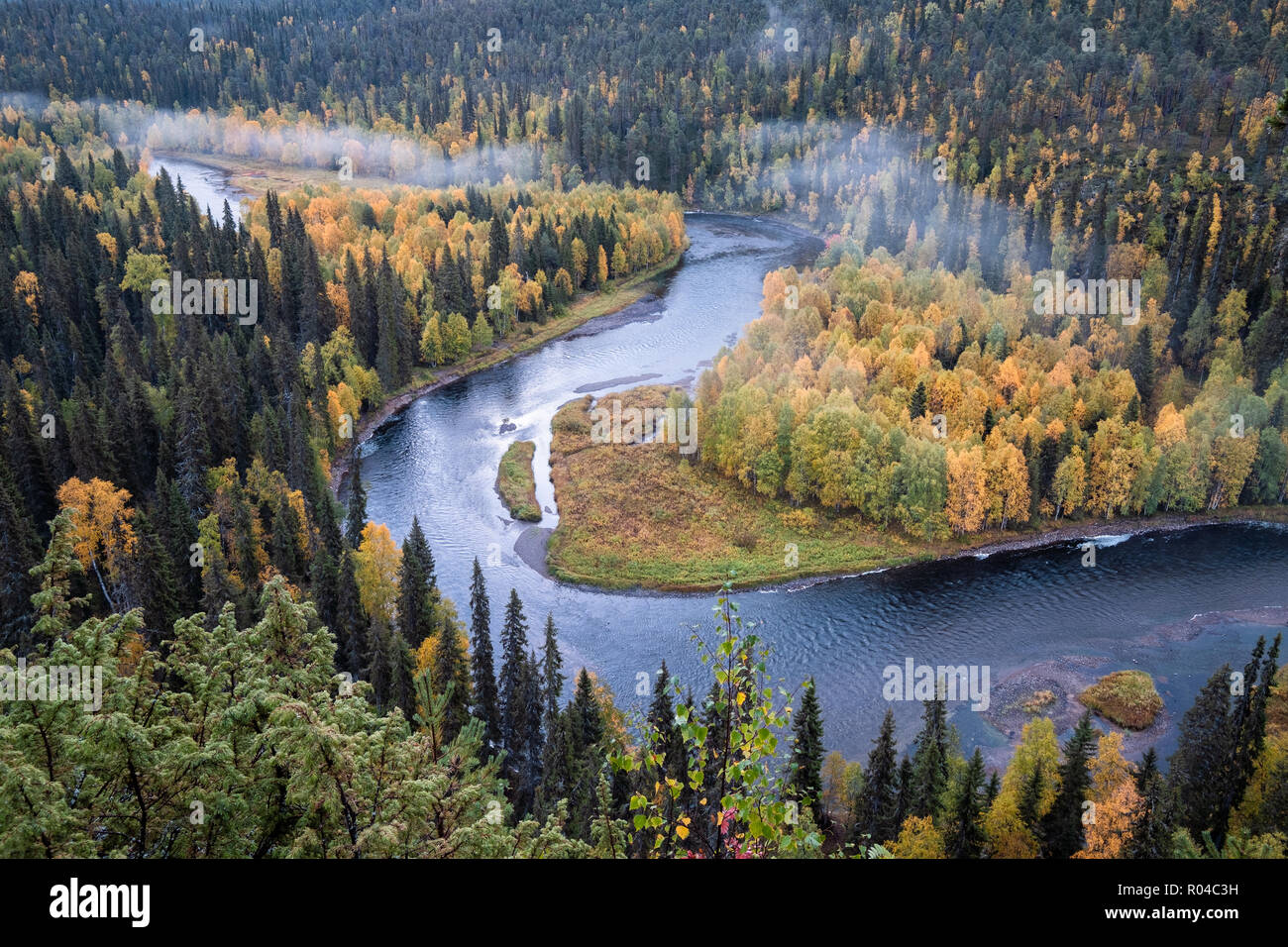 Scenic river landscape with fall colors woodland at autumn morning in ...