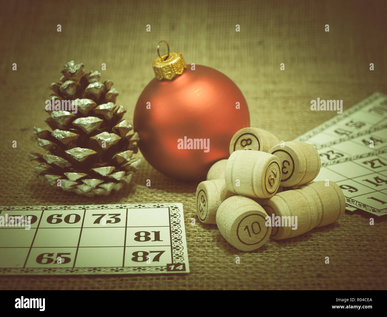 Board game lotto. Wooden lotto barrels and game cards for a game in ...